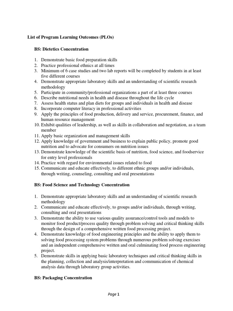 List of Program Learning Outcomes (Plos) BS: Dietetics Concentration ...