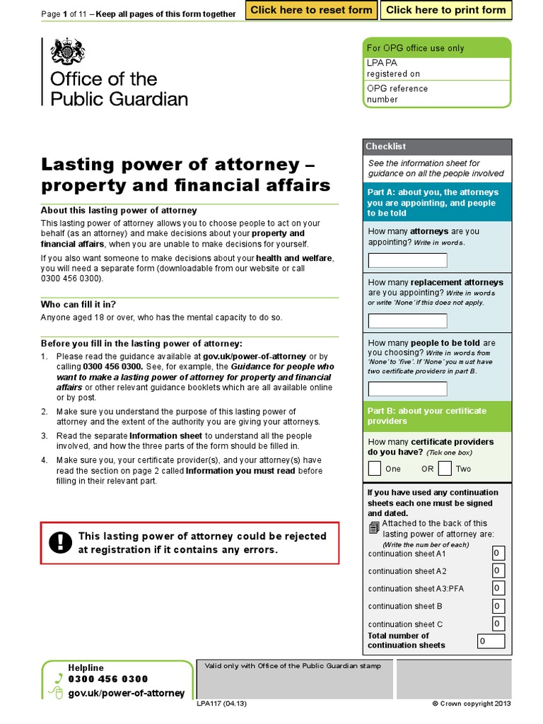 LPA117 Property Financial Affairs LPA PDF | PDF | Power Of Attorney ...