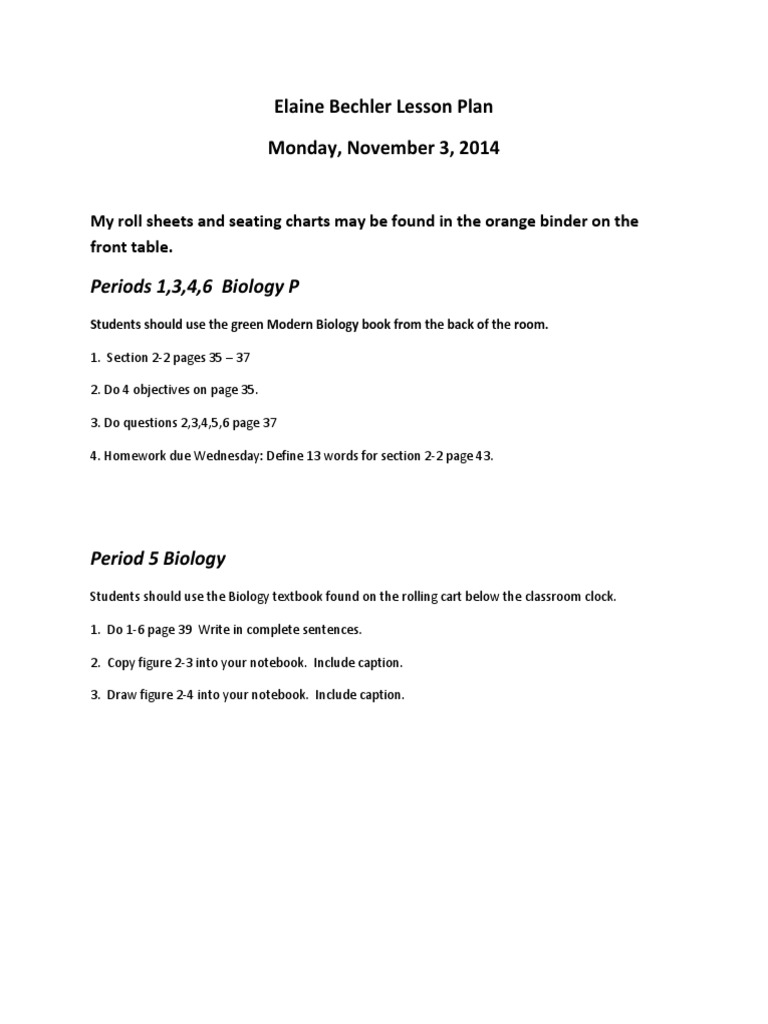 Biology Lesson Plan for November 3 | PDF | Language Arts & Discipline