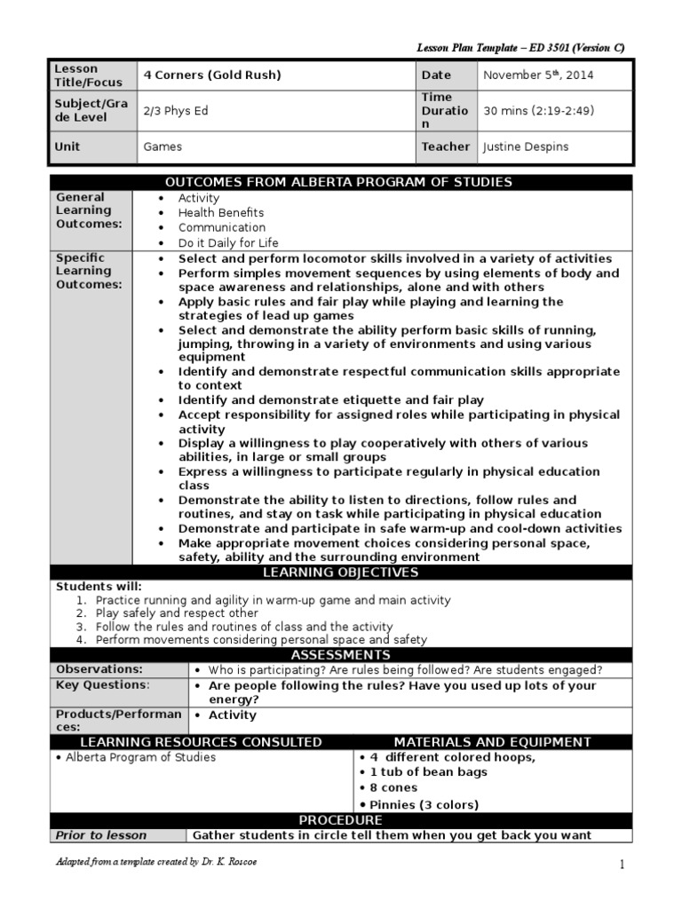 4 Corners Gold Rush Lesson Plan | PDF | Physical Education | Lesson Plan