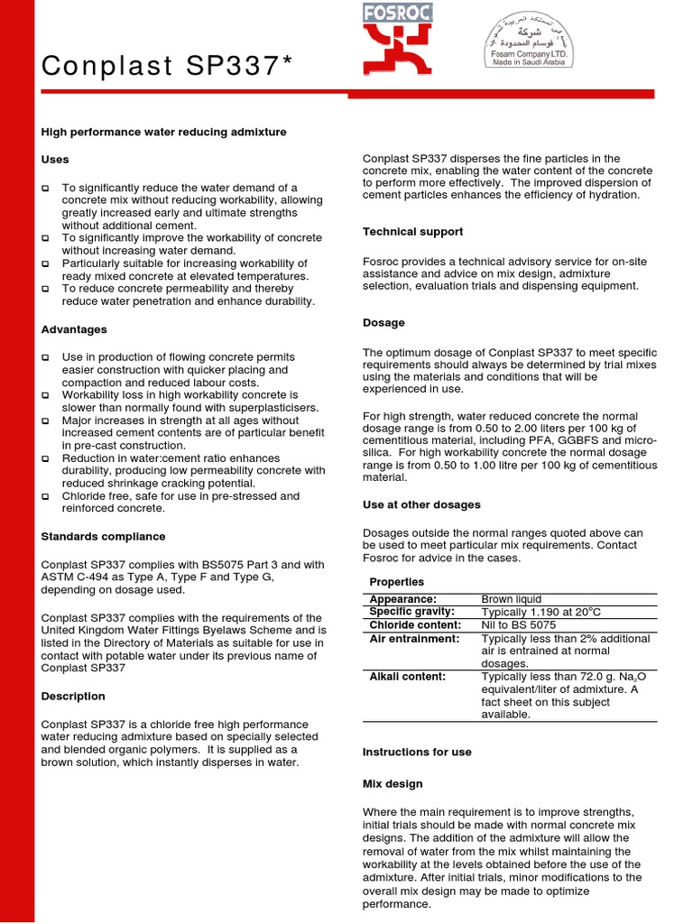 Conplast sp337 | PDF | Concrete | Building Engineering