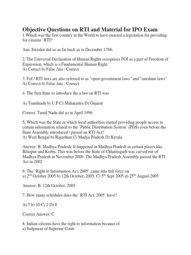 Objective Questions On RTI and Material For IPO Exam | PDF | Freedom Of ...