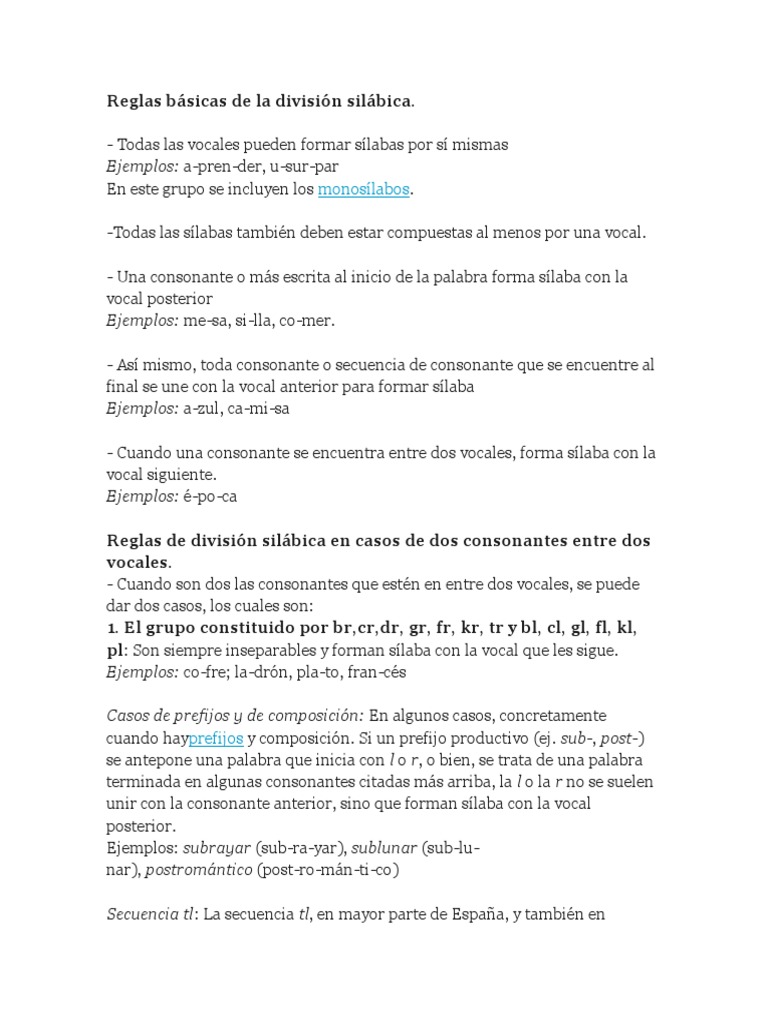 Reglas Básicas de La División Silábica | PDF | Sílaba | Vocal