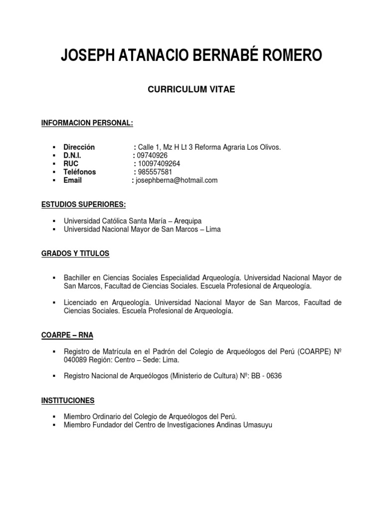 Curriculum Vitae de Joseph Atanacio Bernabé | PDF | Perú | Universidad
