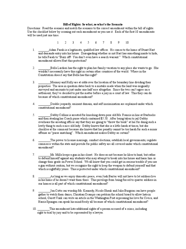 Bill of Rights Scenario Matching Guide | PDF | Public Sphere | Government