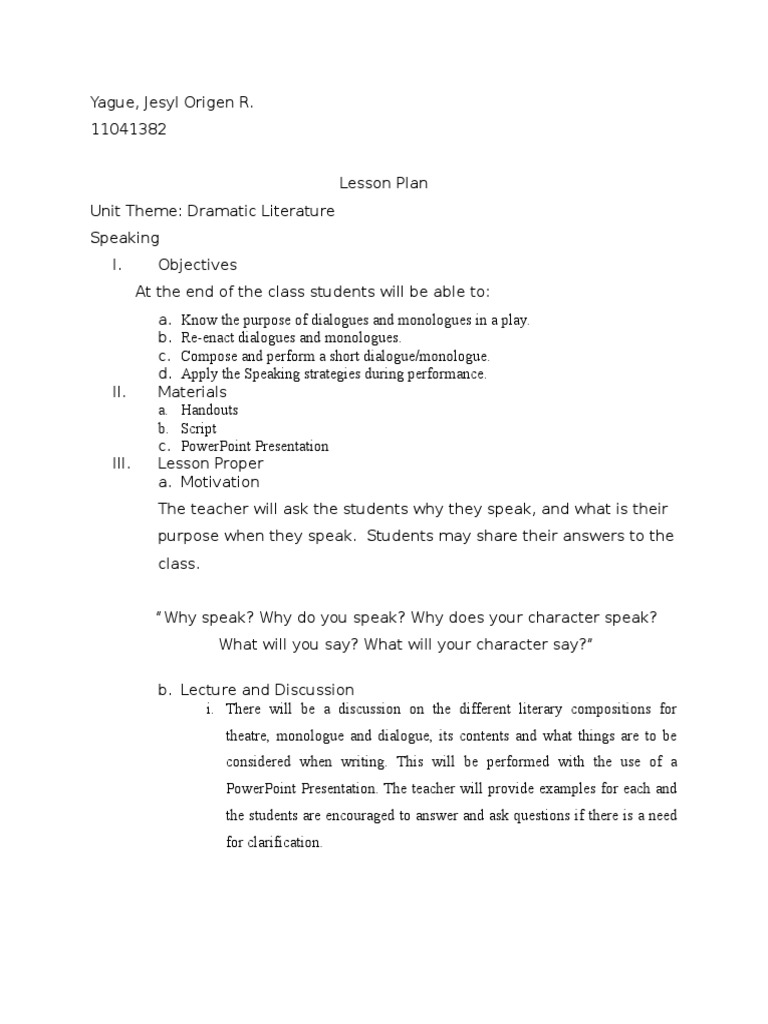 Speaking | Download Free PDF | Monologue | Lesson Plan