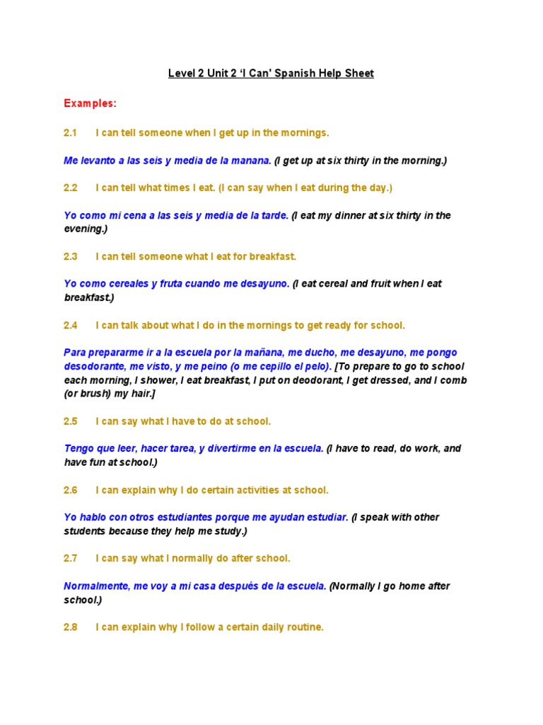 Copyoflevel 2 Unit 2 Icanspanishhelpsheetesp | PDF | Language Arts ...