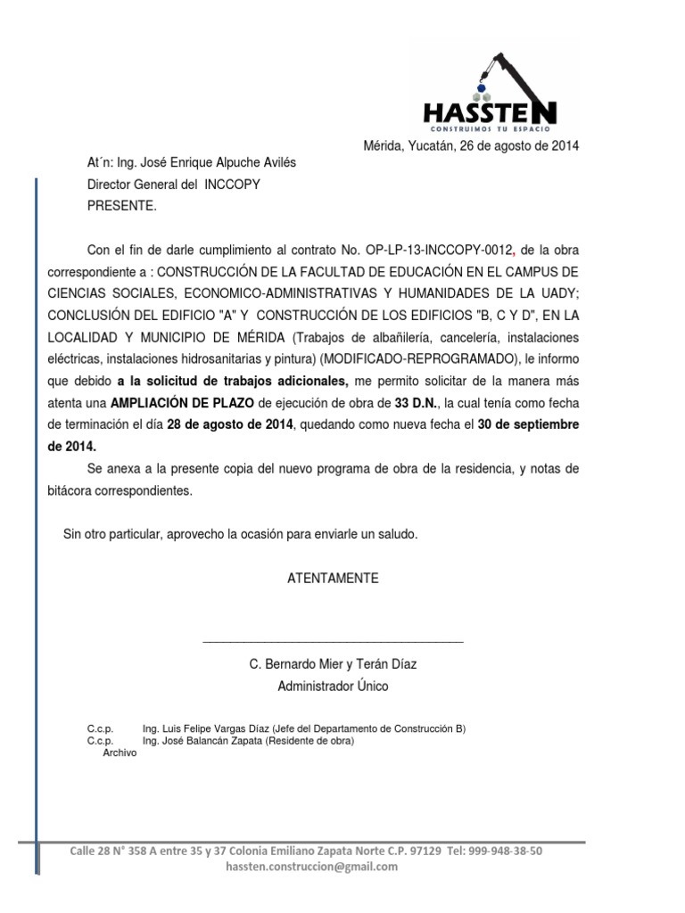 Ejemplo de Solicitud Ampliación para Obras Publicas | PDF
