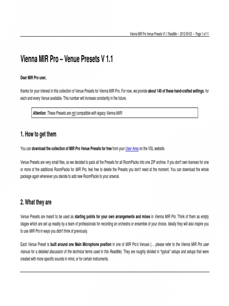 Vienna MIR Pro Venue Presets ReadMe v1.1 | PDF | Sound Technology ...