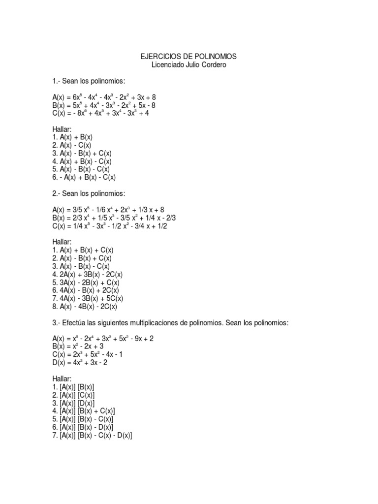Guía Ejercicios de Polinomios | PDF | División (Matemáticas ...