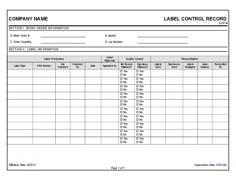 Company Name Label Control Record: Sop # Section I: Work Order ...