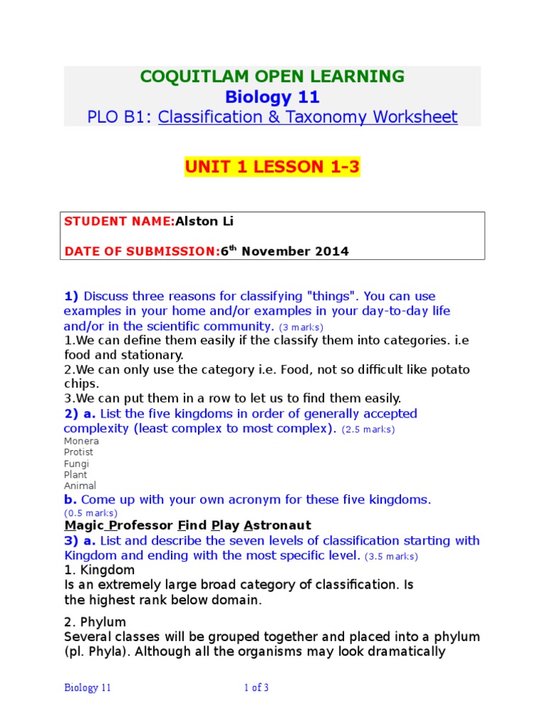 Taxonomy and Classification Worksheet | PDF | Taxonomy (Biology) | Archaea