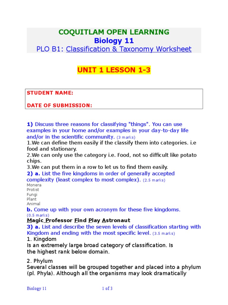 Taxonomy and Classification Worksheet | PDF | Taxonomy (Biology) | Archaea
