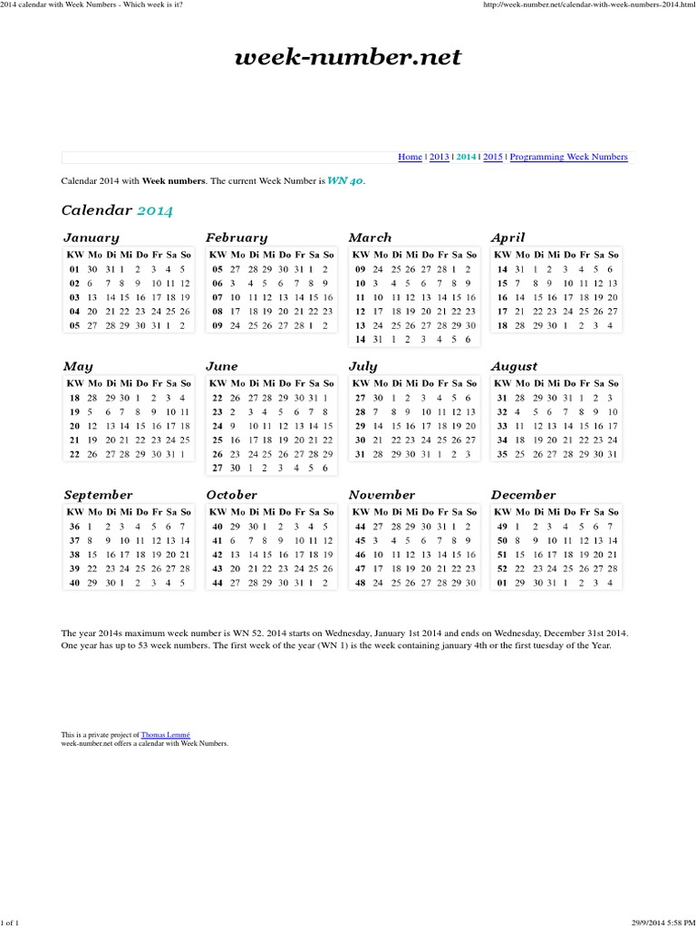 2014 Calendar with Week Numbers | PDF | Career & Growth | Language Arts ...