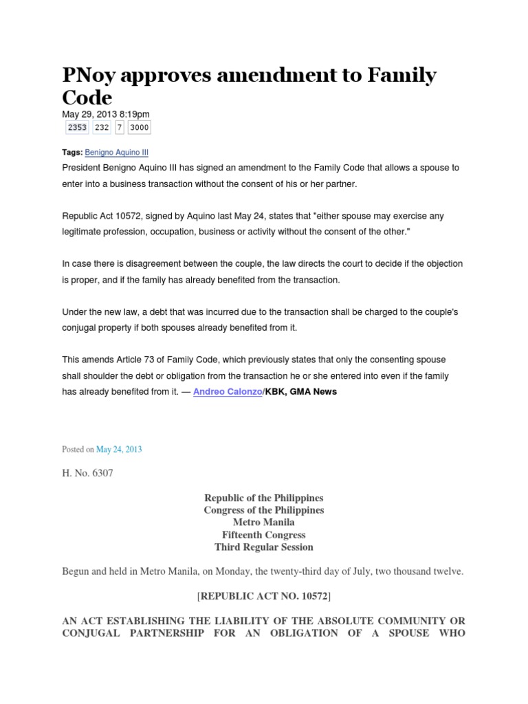 Pnoy Approves Amendment To Family Code: Benigno Aquino Iii | PDF | Wife ...