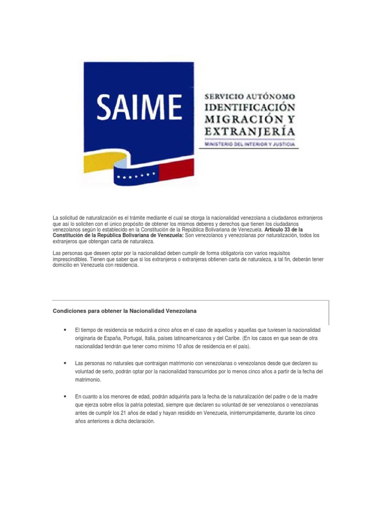 Saime | PDF | Naturalización | Venezuela