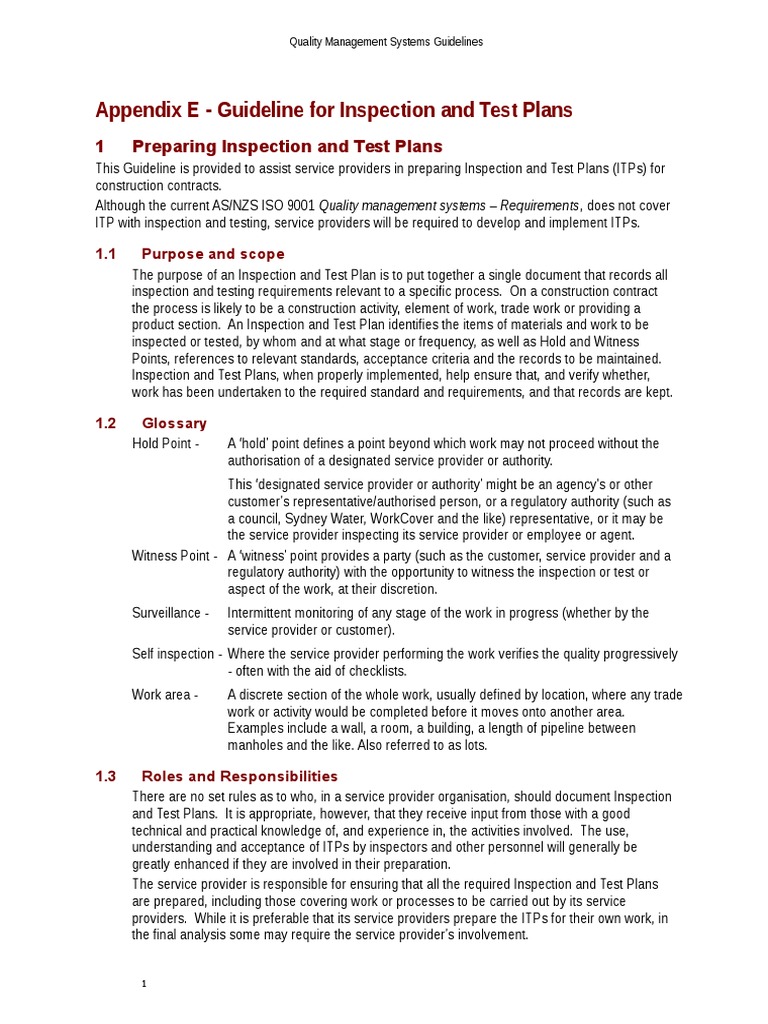 Appendix E - Guideline For Inspection and Test Plans | PDF ...