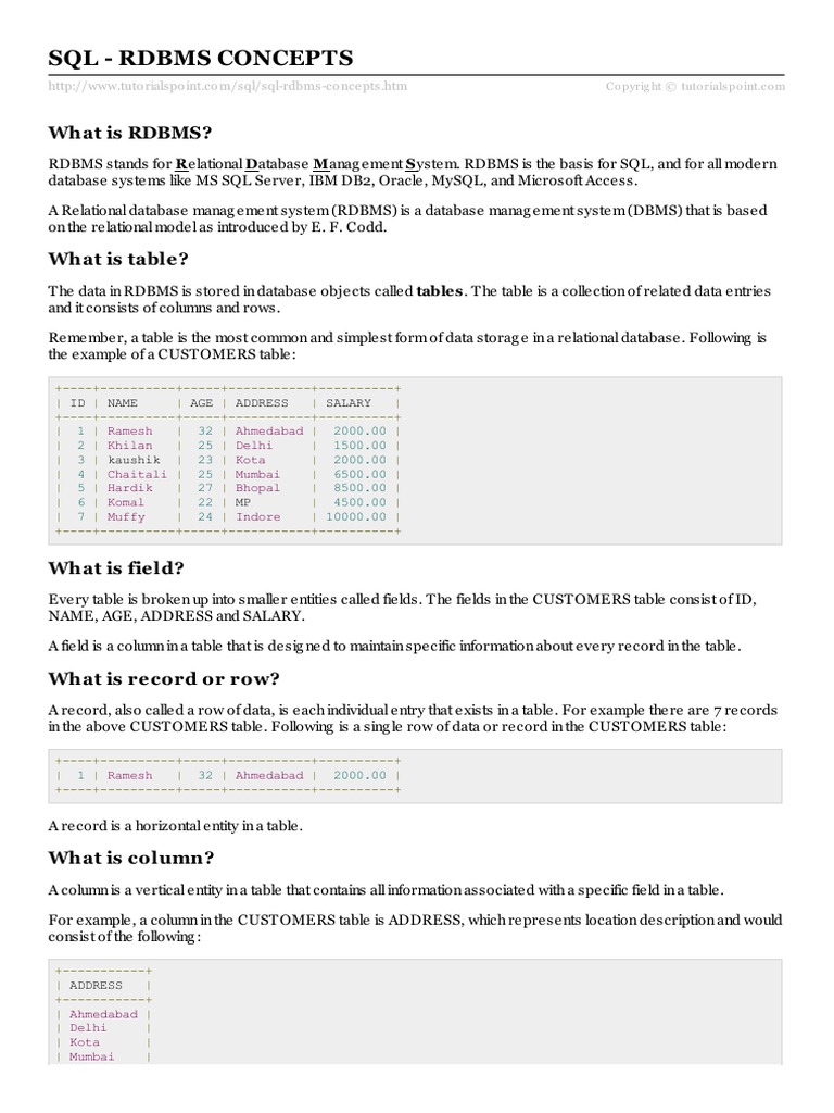 SQL Rdbms Concepts | PDF | Relational Database | Databases SQL Rdbms Concepts | PDF | Relational Database | Databases