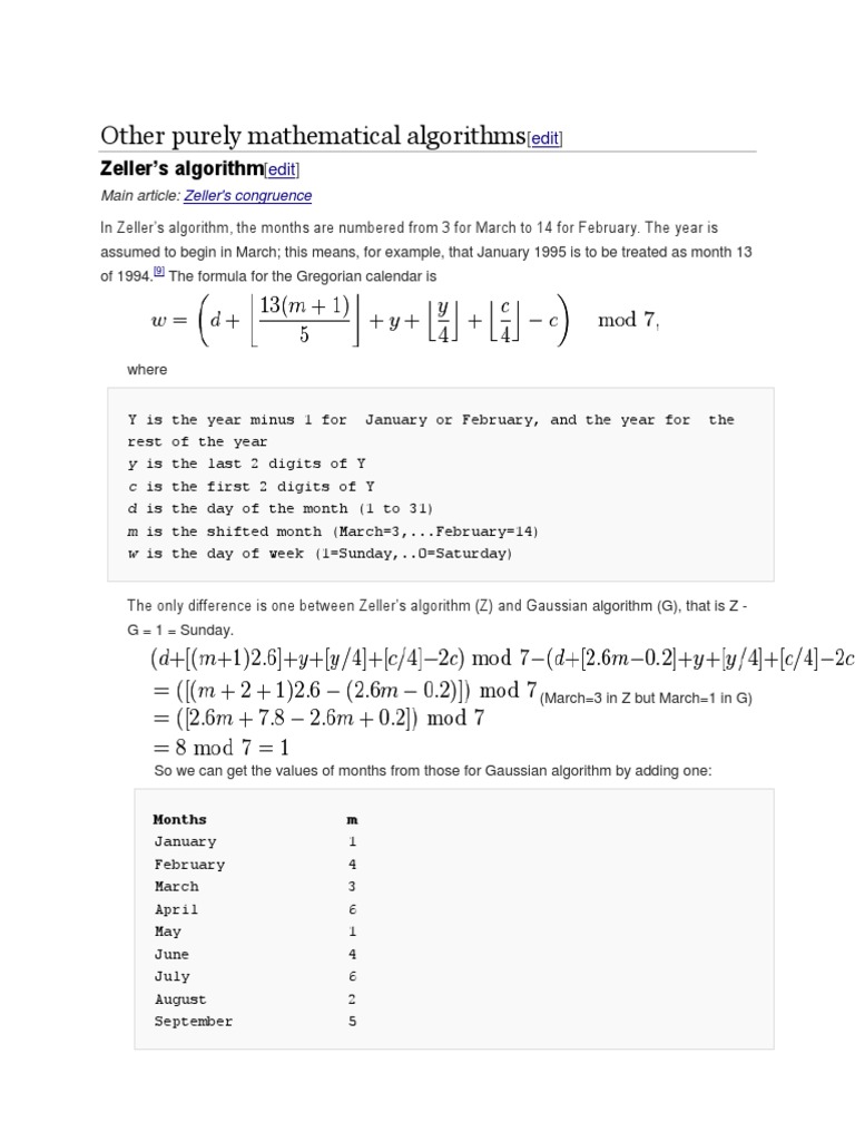 Other Purely Mathematical Algorithms: Zeller's Algorithm | PDF