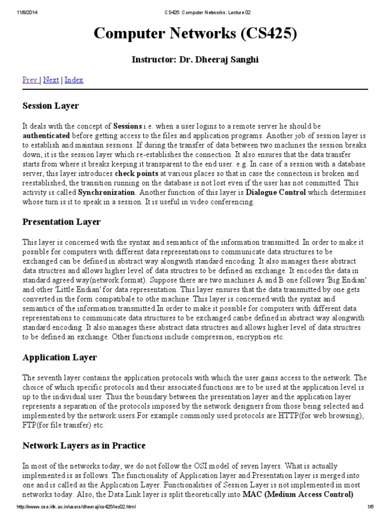 Computer Networks (CS425) : Instructor: Dr. Dheeraj Sanghi | PDF | Osi Model | Transmission Medium