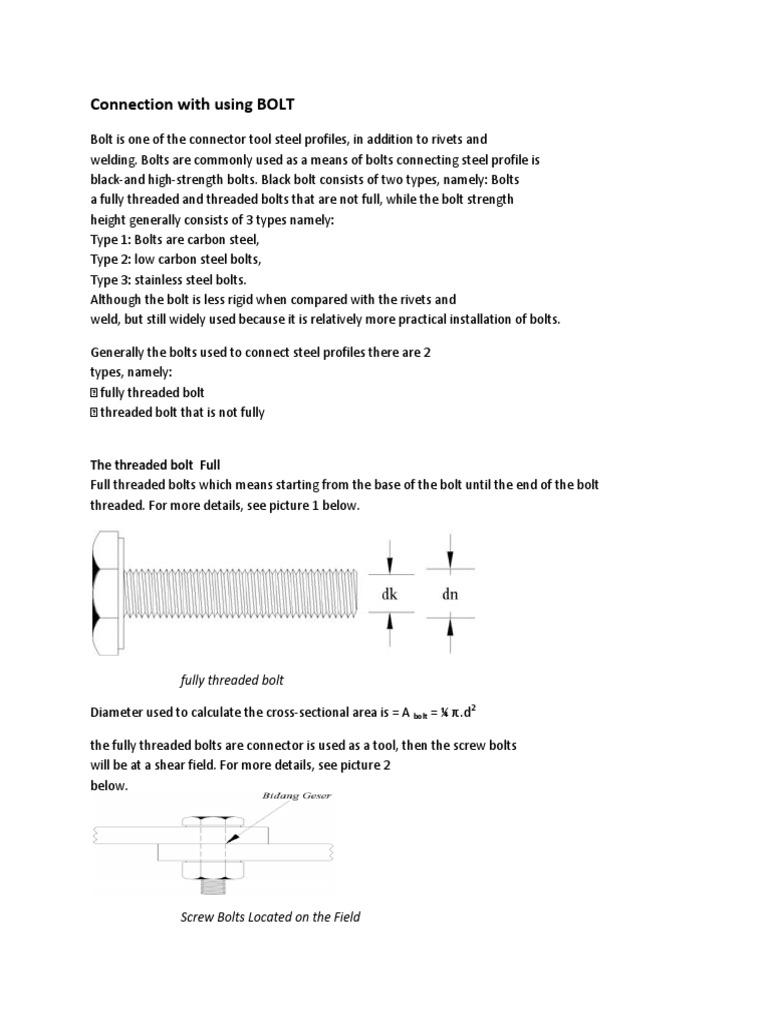 Connection With Using BOLT: The Threaded Bolt Full | PDF | Rivet | Screw
