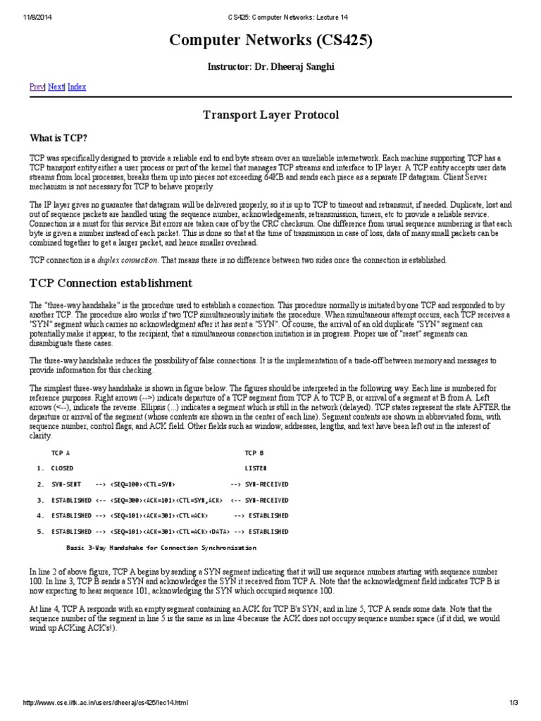 Computer Networks (CS425) : Transport Layer Protocol | Download Free PDF | Transmission Control ...