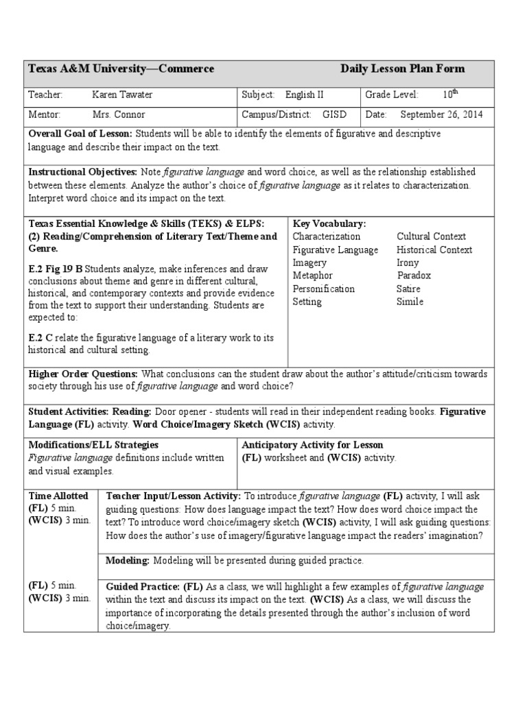 English II Lesson Plan on Figurative Language | PDF | Education Theory ...
