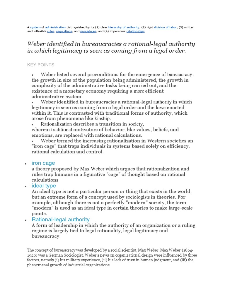 Weber Identified in Bureaucracies A Rational-Legal Authority in Which ...