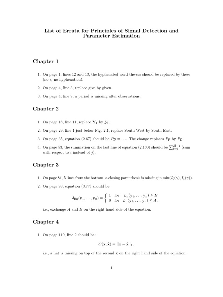 List of Errata For Principles of Signal Detection and Parameter Estimation | PDF | Mathematical ...