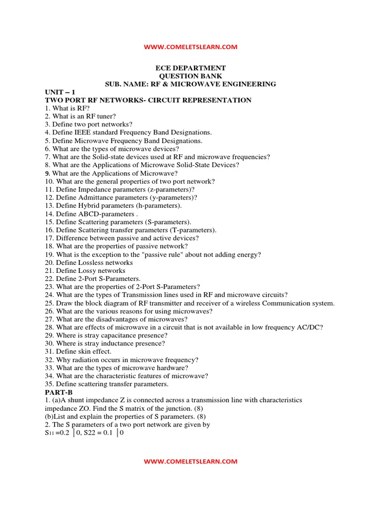 Ece Department Question Bank Sub. Name: RF & Microwave Engineering Unit ...