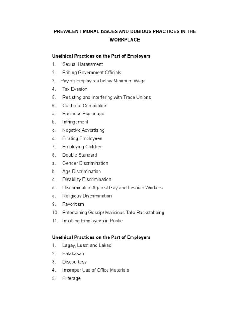 Prevalent Moral Issues and Dubious Practices in The Workplace | PDF ...
