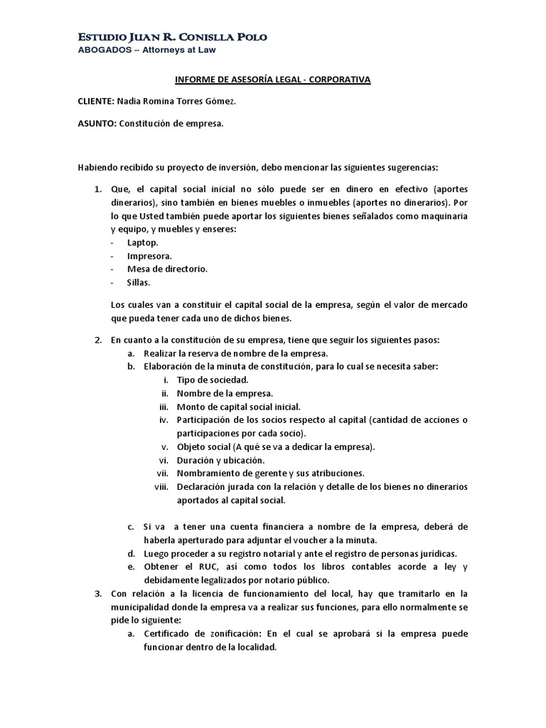 Informe de Asesoría Legal | PDF | Liquidación | Economias Informe de Asesoría Legal | PDF | Liquidación | Economias