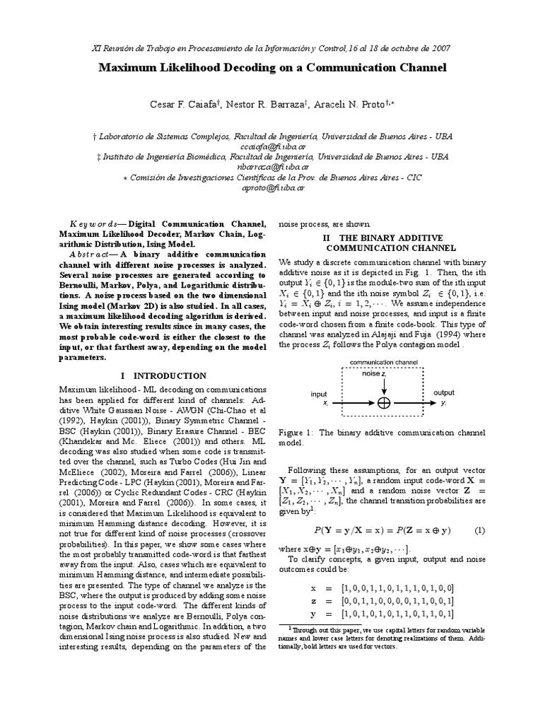 Maximum Likelihood Decoding On A Communication Channel: Cesar F. Caiafa, Nestor R. Barraza ...