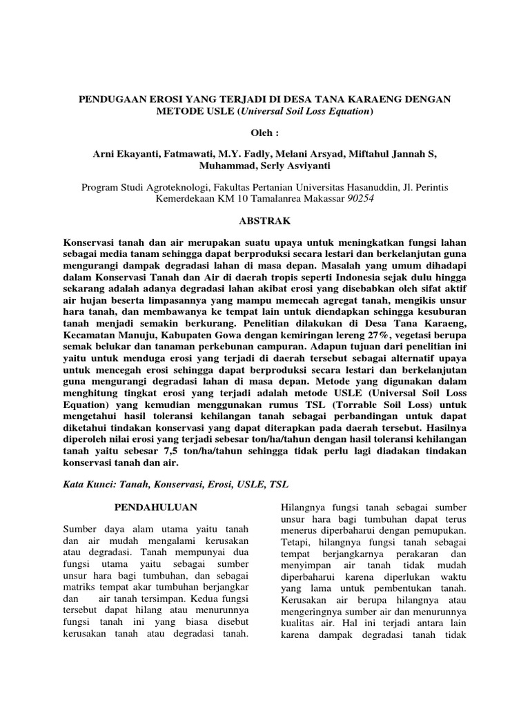 Pendugaan Erosi Yang Terjadi Di Desa Tana Karaeng Dengan Metode Usle ...