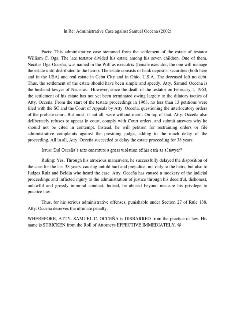 In Re Administrative Case Against Samuel Occena (2002) Digest | PDF