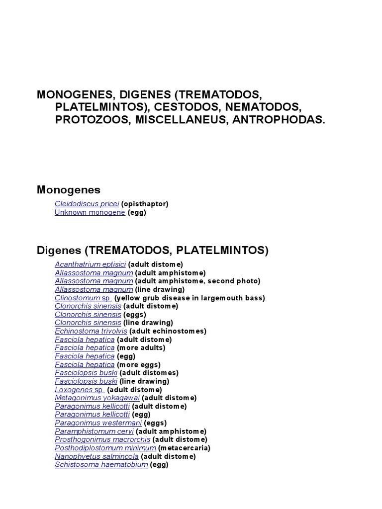 Monogenes, Digenes (Trematodos, Platelmintos), Cestodos, Nematodos ...