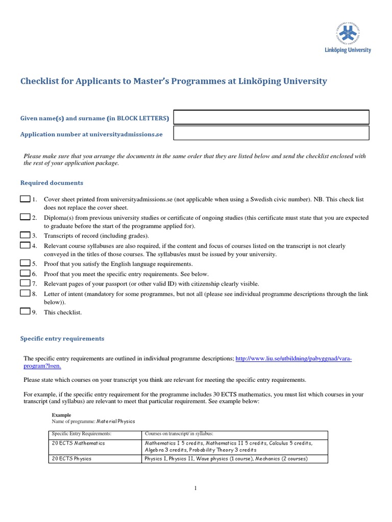 Master's Program Application Checklist | PDF