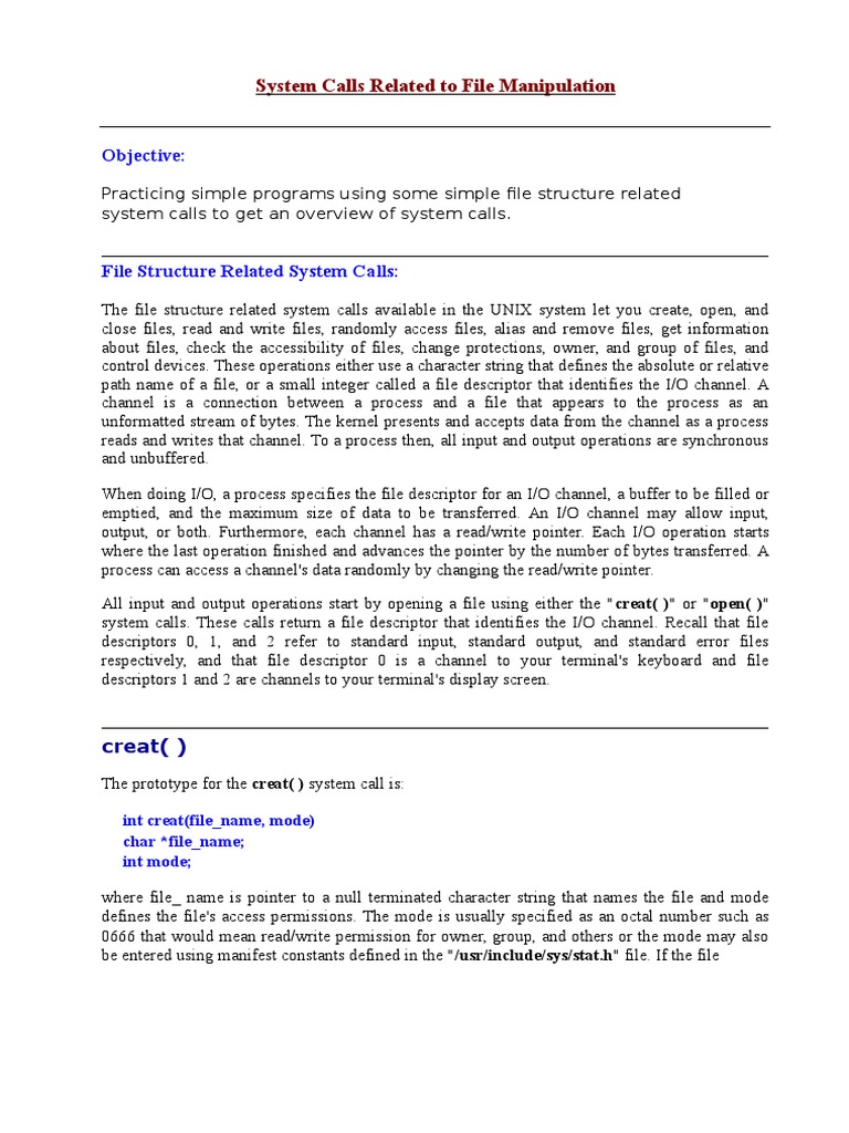 Objective:: System Calls Related To File Manipulation | PDF | Computer File | Input/Output