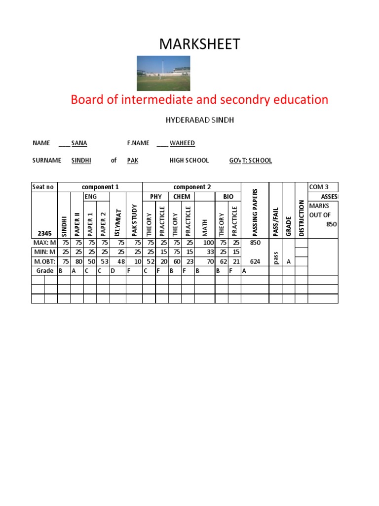 Marksheet: Board of Intermediate and Secondry Education | PDF | Business