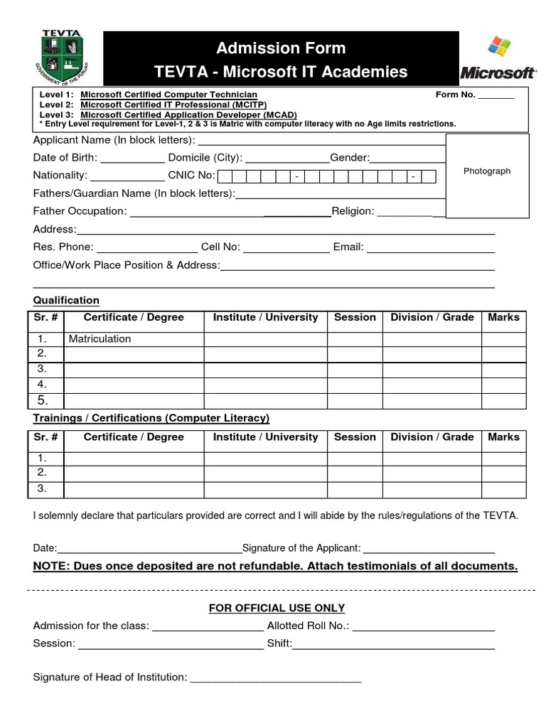 TEVTA Admission Form for IT Courses | PDF | Career & Growth | Computers