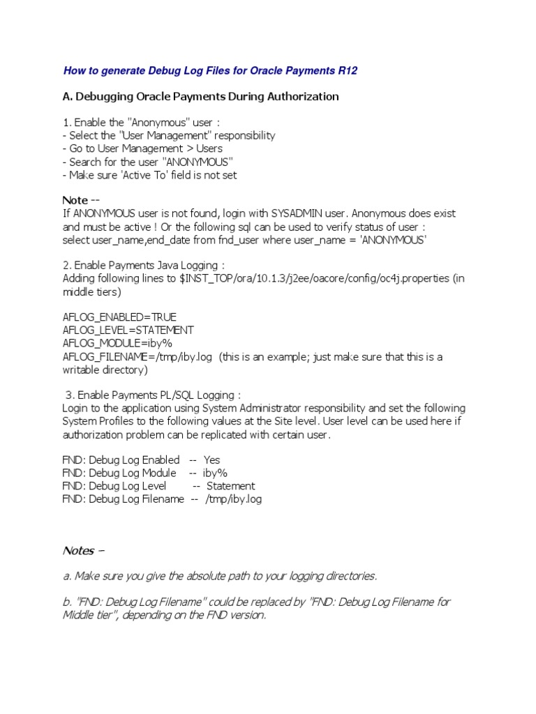 How To Generate Debug Log Files For Oracle Payments R12 | PDF