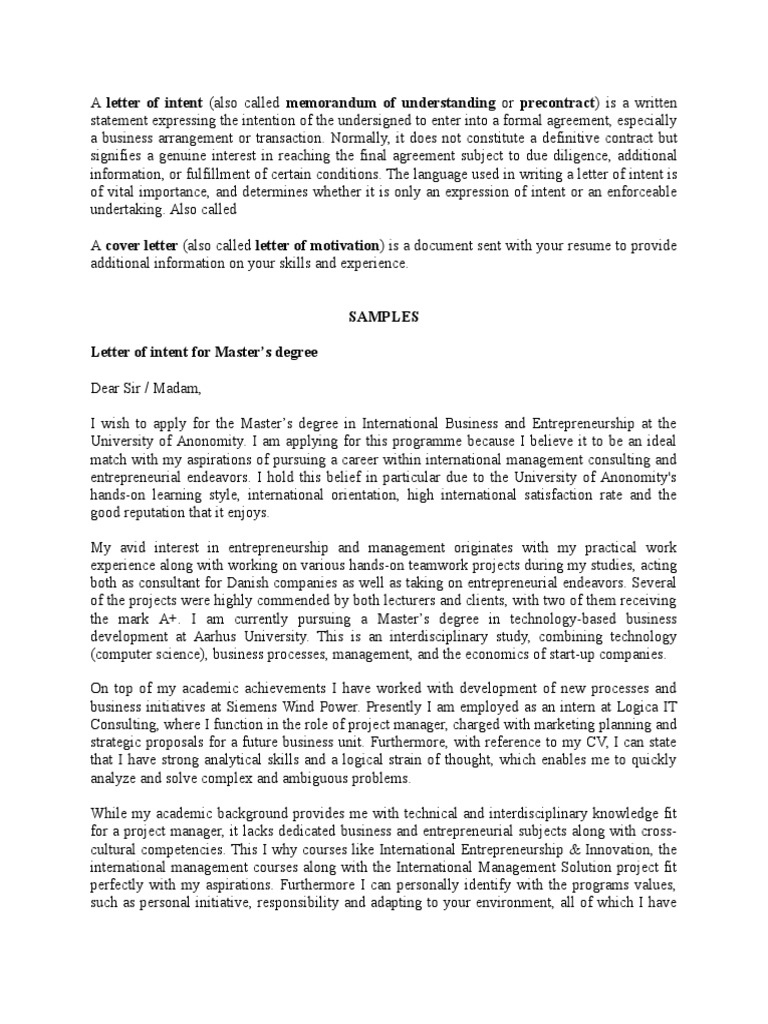 Samples Letter of Intent For Master's Degree | Download Free PDF ...