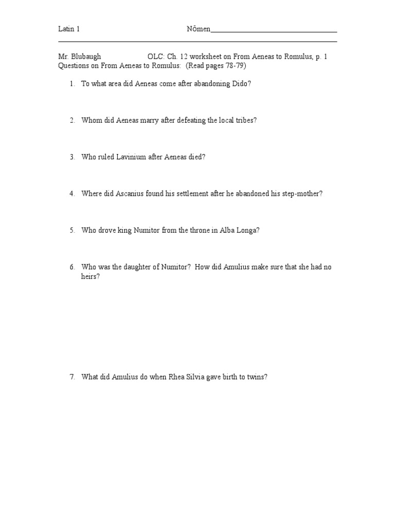 Aeneas to Romulus Worksheet | PDF | Romulus And Remus | Classical ...