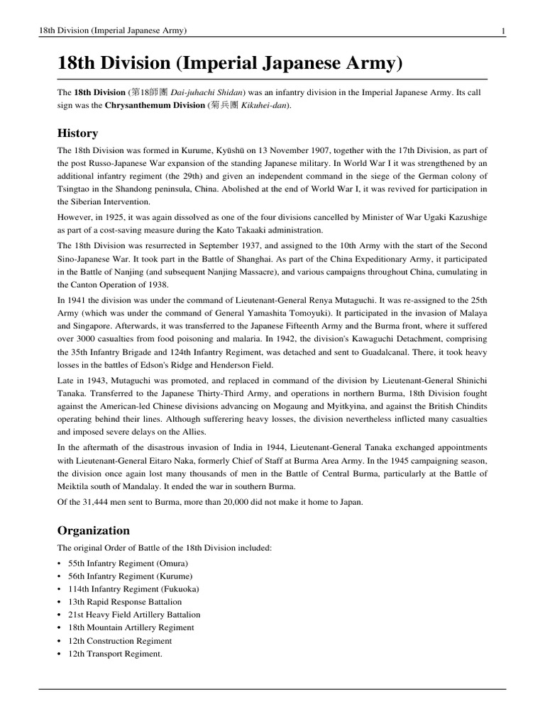 18th Division (Imperial Japanese Army) | PDF | Politics Of World War II ...