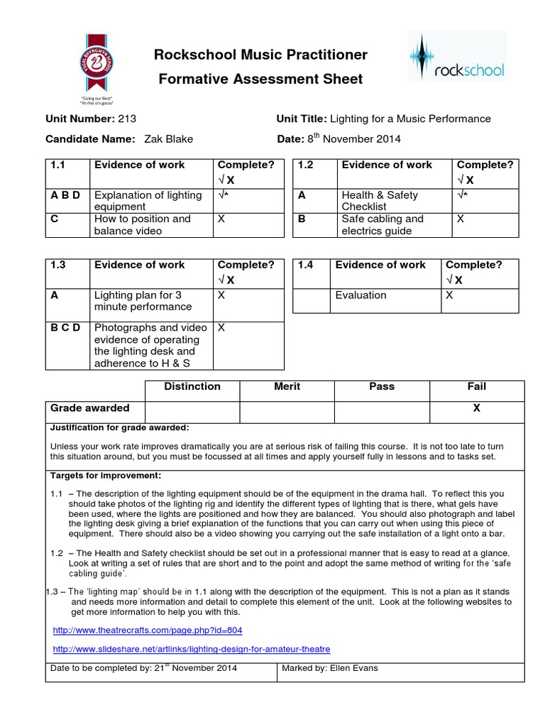 Music Performance Lighting Assessment Sheet | PDF