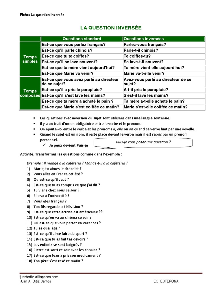 Inversion des Questions en Français | PDF | Langues | Arts du langage ...