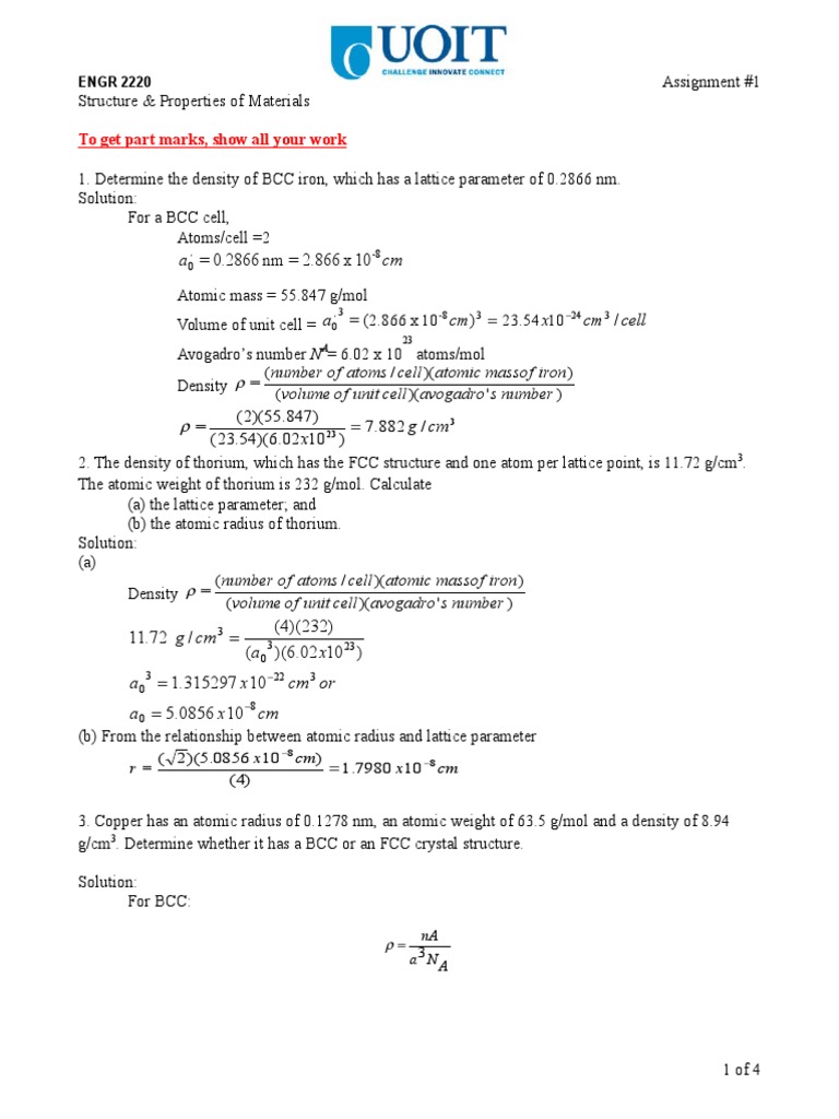 Assignment 1 Sol | PDF | Crystal Structure | Density
