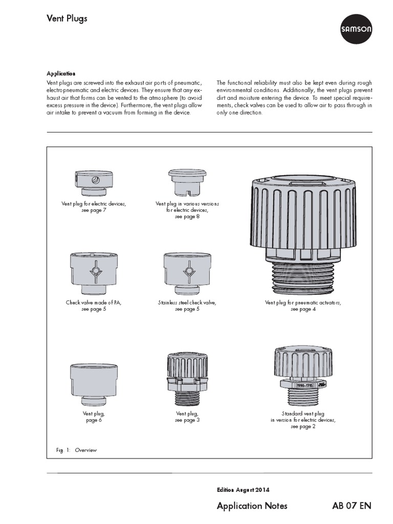 Vent Plugs for Pneumatic and Electric Devices | PDF