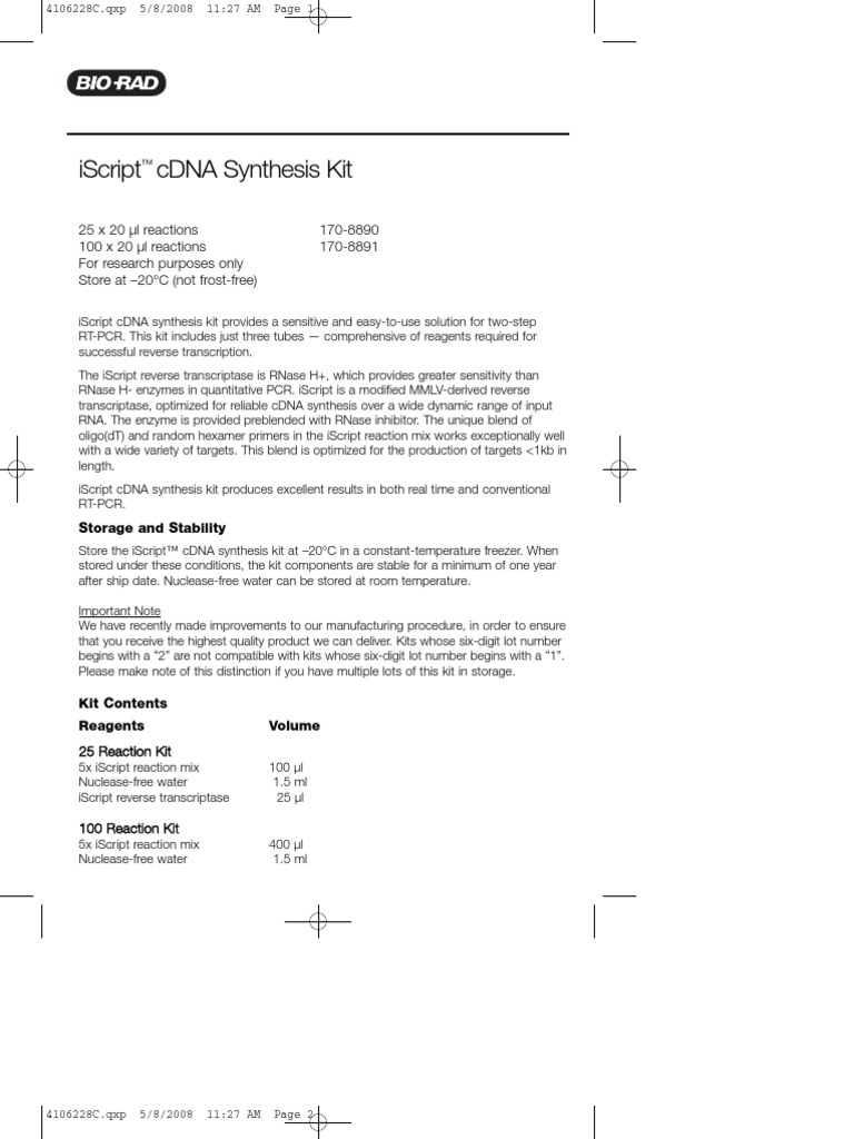 Instruction Manual, Iscript cDNA Synthesis Kit, Rev C | PDF | Reverse ...