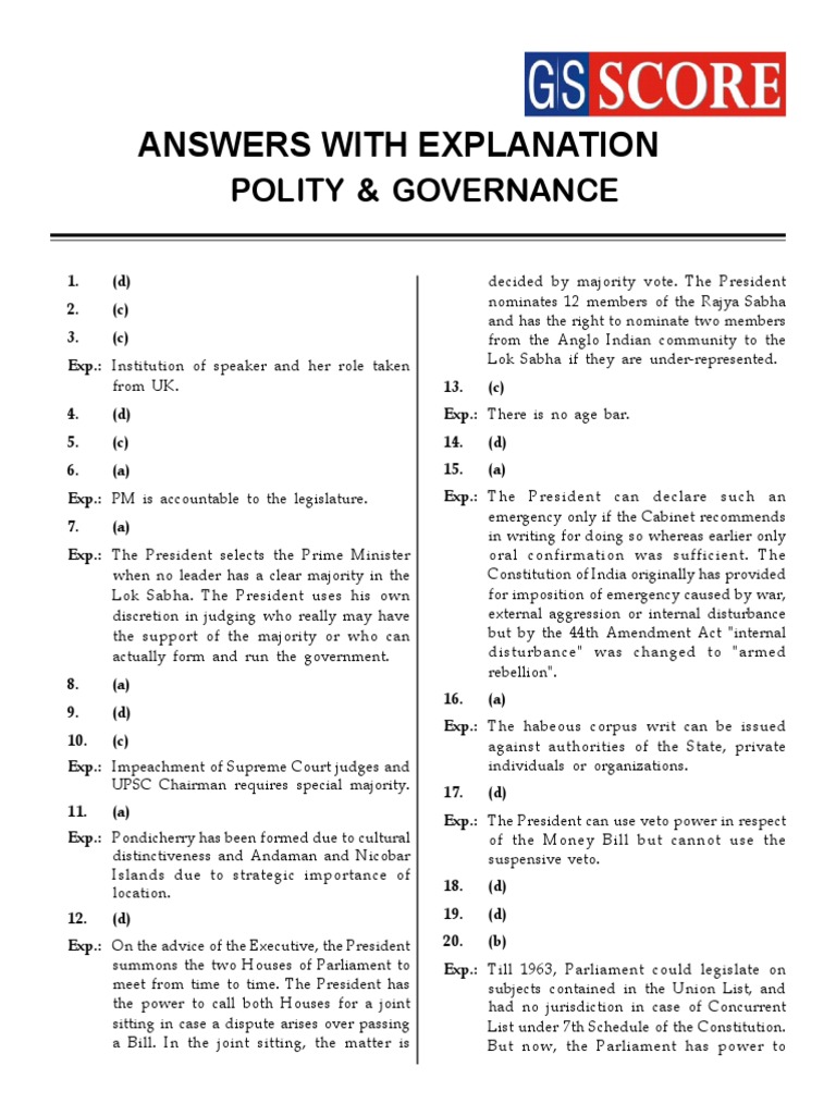 Polity & Governance Exam Answers | PDF | Government Information | Virtue